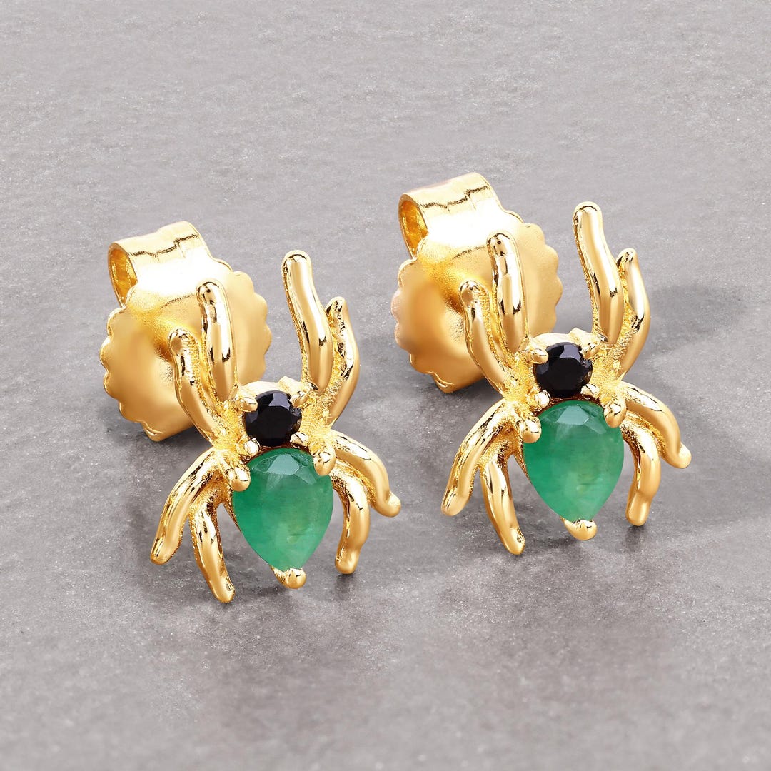 Emerald Spider Stud Earrings With Black Spinel, Halloween Spider Gold ...