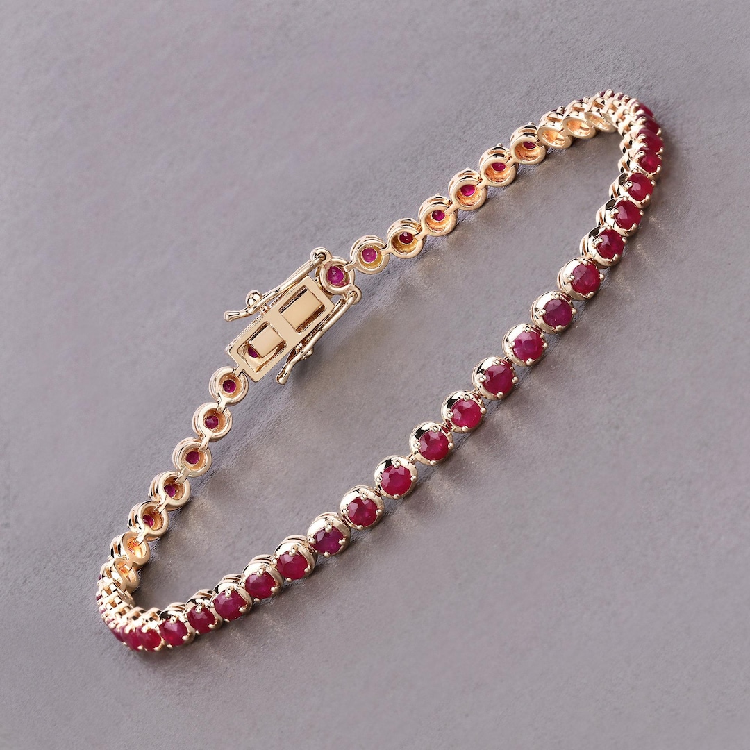 14k Gold Ruby Bracelet, Genuine Ruby Rounds Yellow Gold Bracelet for ...