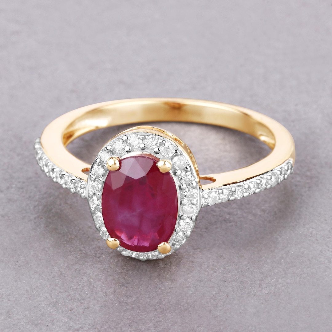 Ruby Gold Ring, Natural Ruby and White Diamond 14K Yellow Gold Halo ...