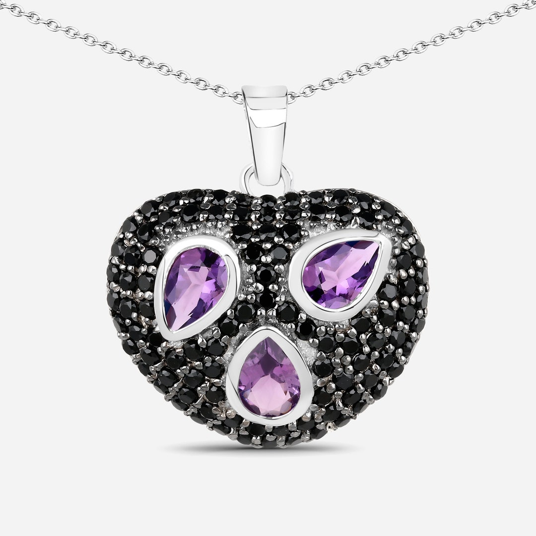 Amethyst Heart Pendant, Genuine Amethyst and Black Spinel Sterling ...