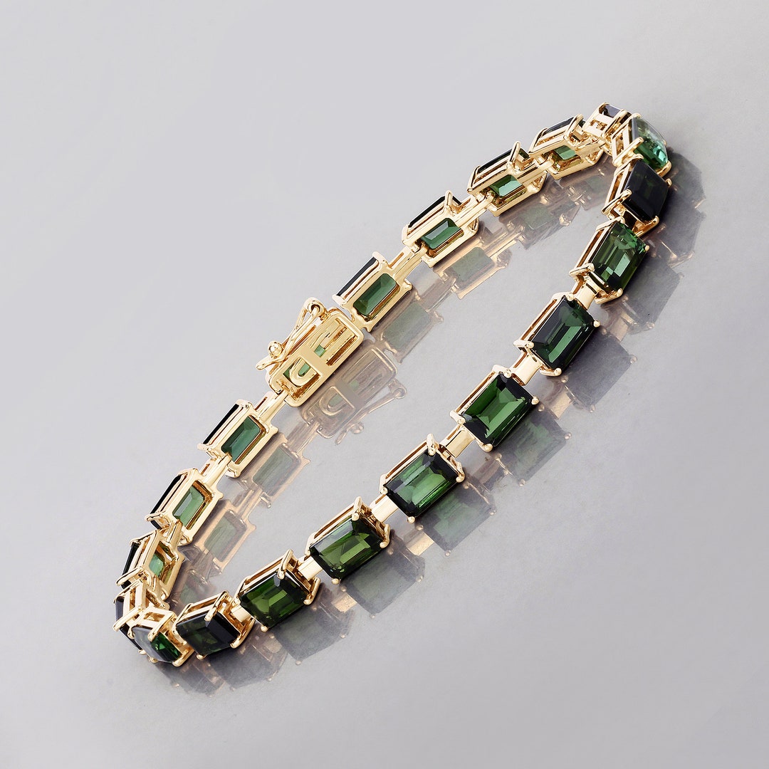 14K Yellow Gold Green Tourmaline Bracelet, Genuine Green Tourmaline and ...
