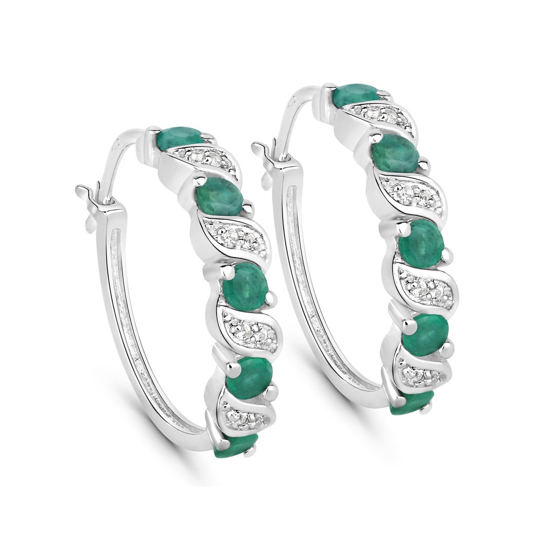 Emerald Earrings, Genuine Emerald Hoop Silver Earrings for Women ...