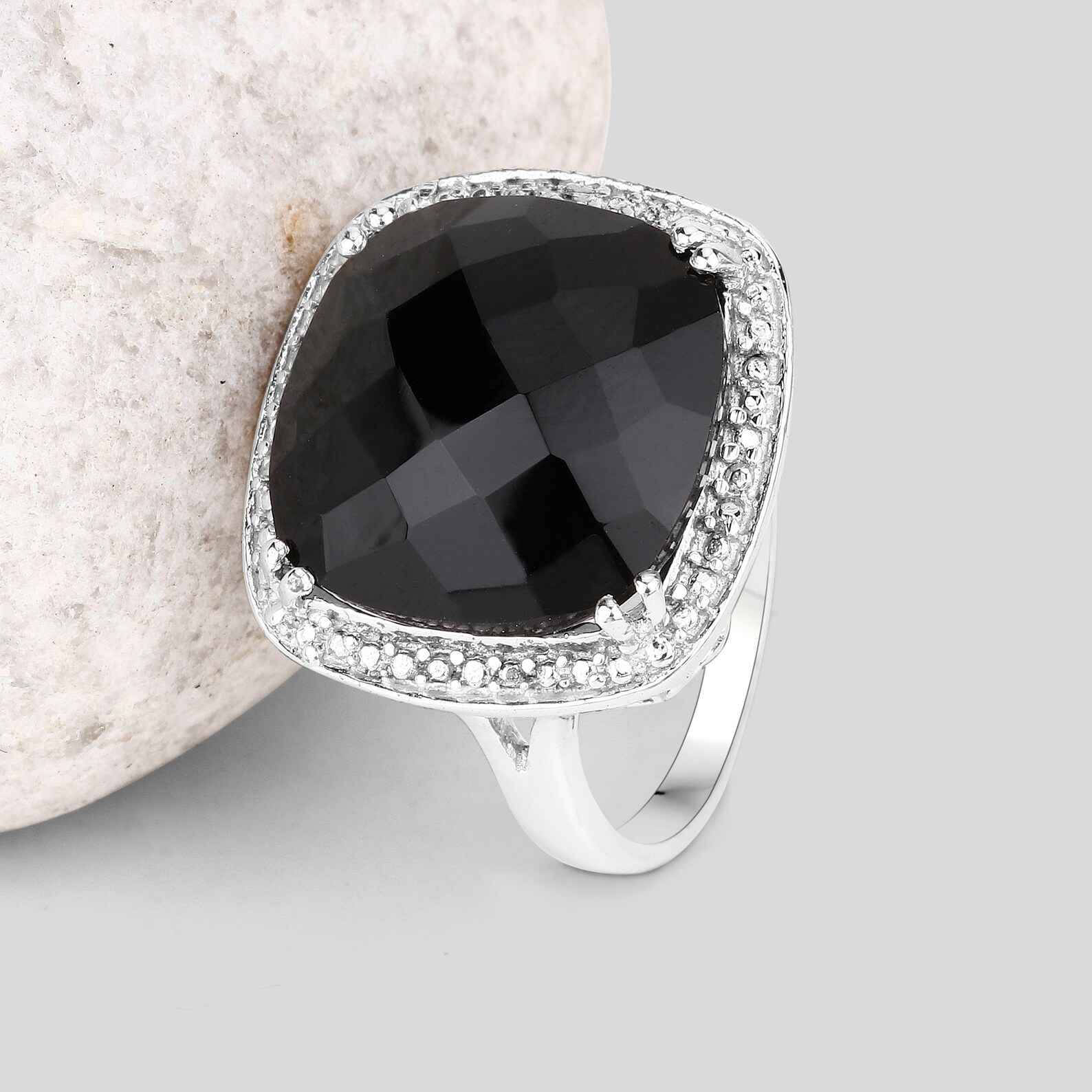 Black Onyx Silver Ring, Bold Black Onyx Square Cushion Halo Ring, 925 ...