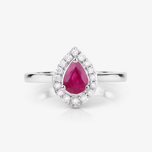 14K Gold Ruby Ring, Genuine Ruby and Diamond Solid White Gold Ring for Women, Bridal Ruby Ring ...