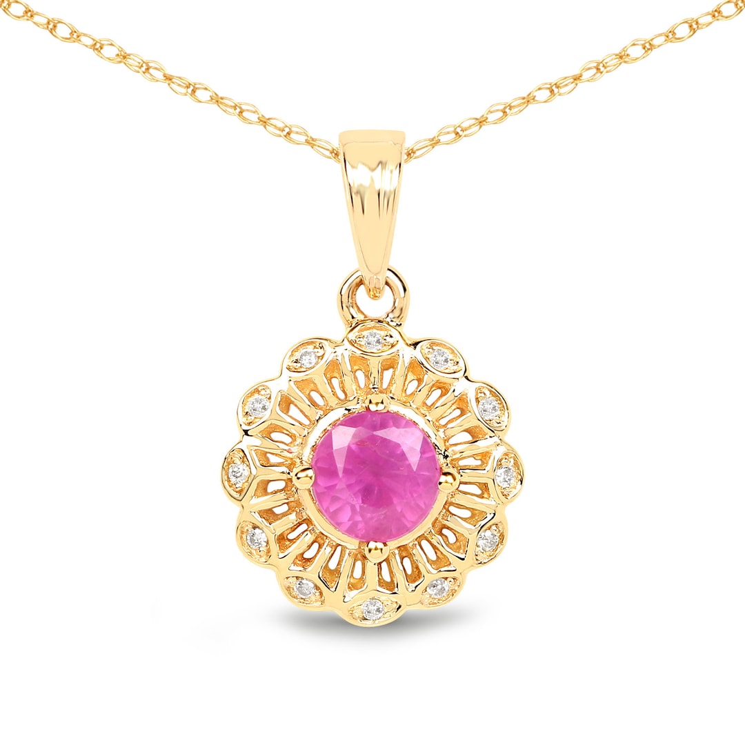 14k Gold Ruby Pendant, Genuine Ruby Round and Diamond Gold Pendant ...