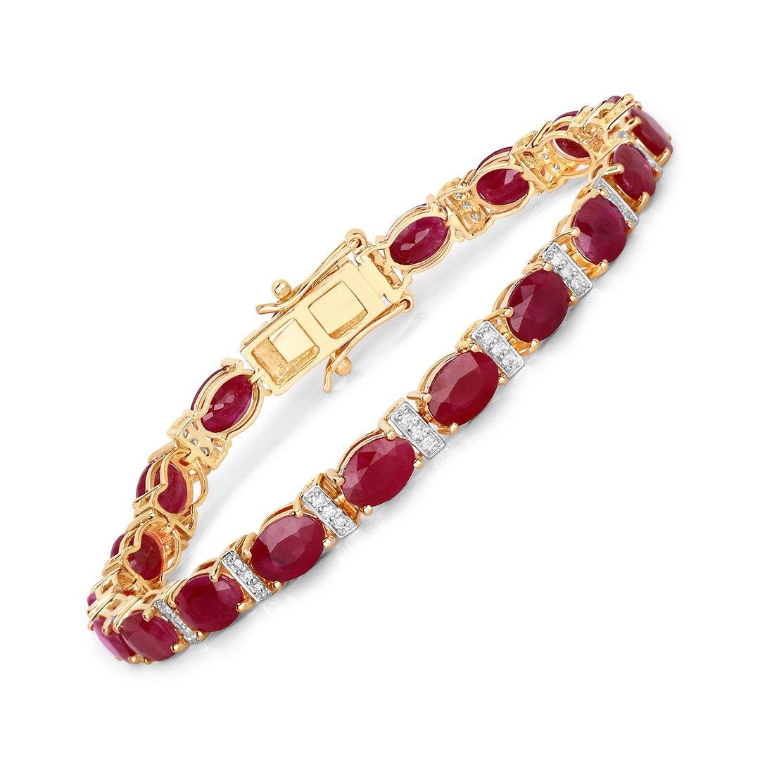 14k Gold Ruby Bracelet, Genuine Ruby Ovals and Diamond Gold Bracelet ...