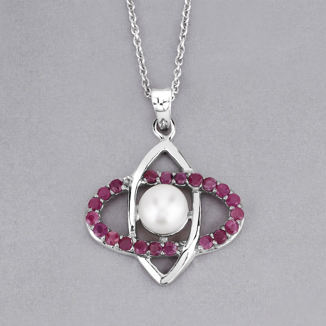 Ruby Pendant, Natural Ruby and Pearl Crossover Silver Pendant, Ruby ...