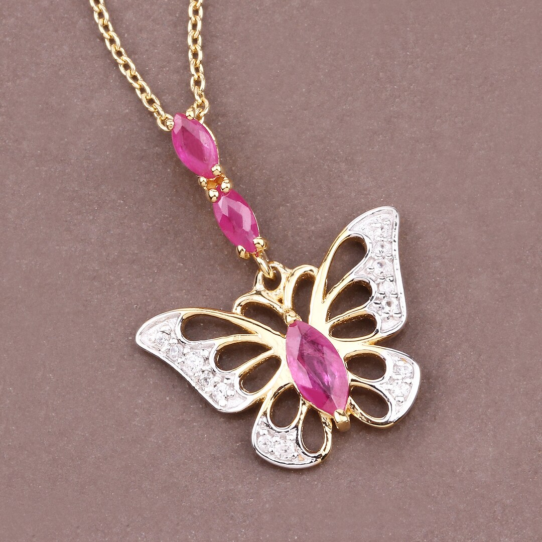 Ruby Pendant, Genuine Ruby 14K Yellow Gold Sterling Silver Butterfly ...