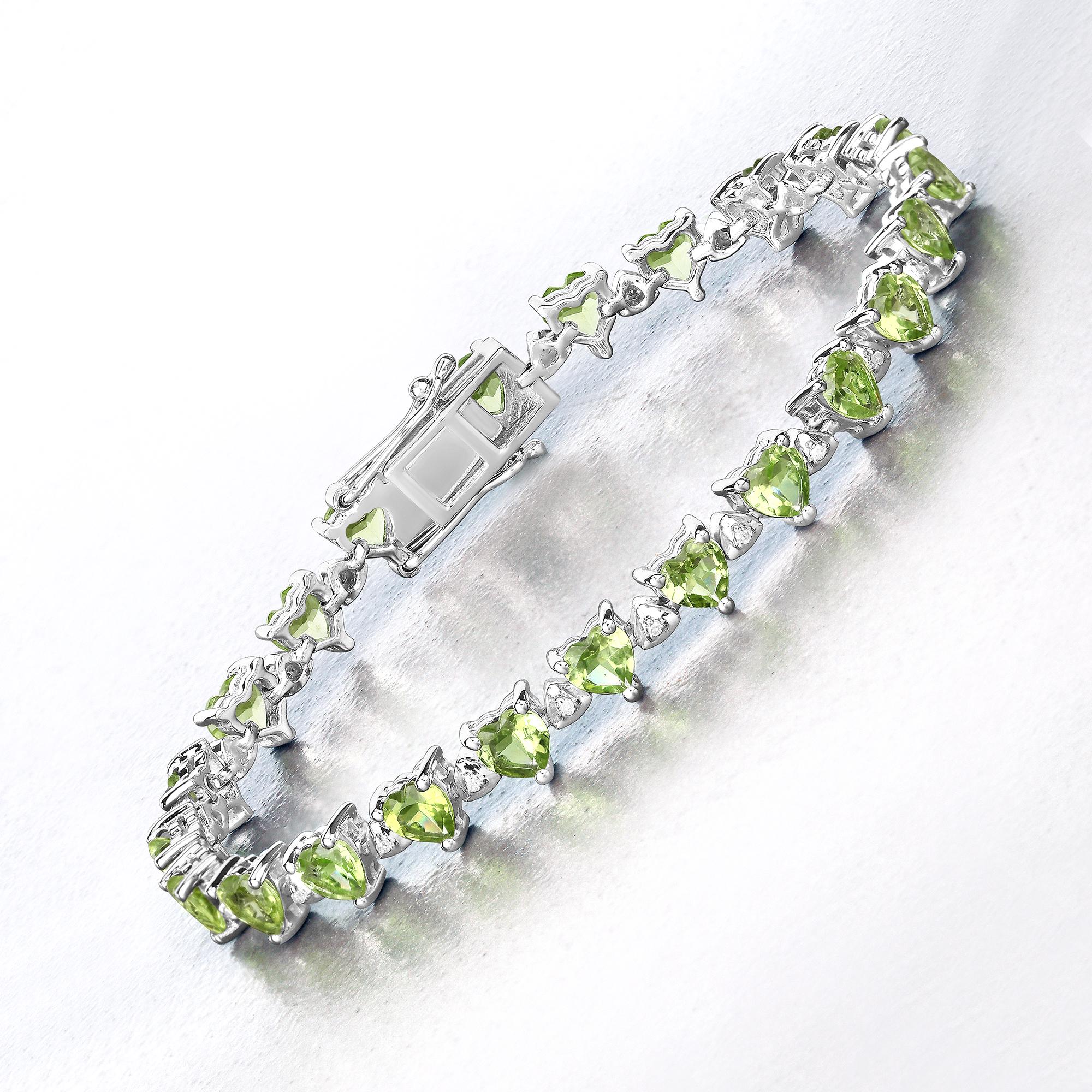 Peridot Bracelet Genuine Peridot and Diamond Tennis Bracelet in Sterling Silver Heart Love Bracelet August Birthstone Birthday Gift