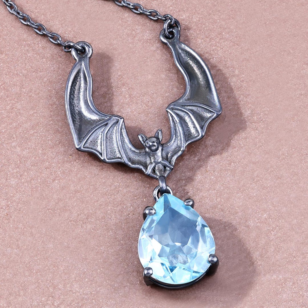 Blue Topaz Tear Drop Bat Necklace, Flying Vampire Bat Necklace, Gothic ...