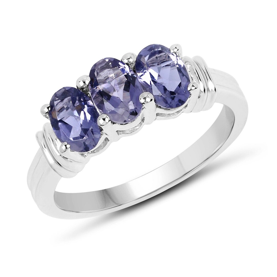 Iolite Silver Ring, Natural 3-stone Iolite Ring in 925 Sterling Silver ...