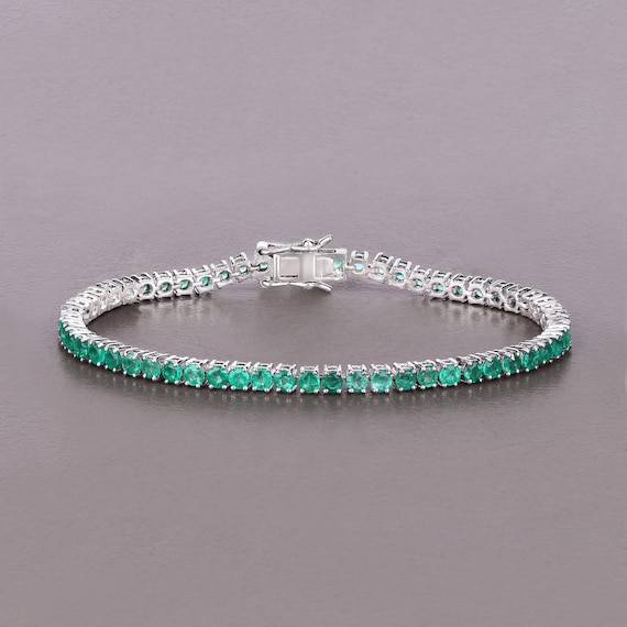14k Gold Emerald Bracelet White Gold Emerald Tennis Bracelet for Her Genuine Zambian Emerald Rounds and Diamond Gold Bracelet for Women Etsy