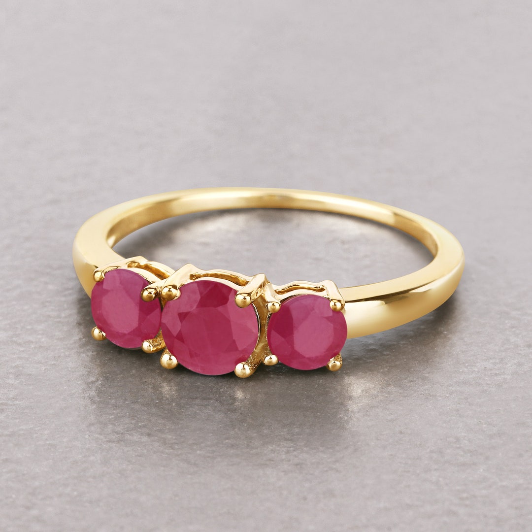 14K Gold Ruby Ring, Natural 3-stone Ruby Yellow Gold Ring for Women ...