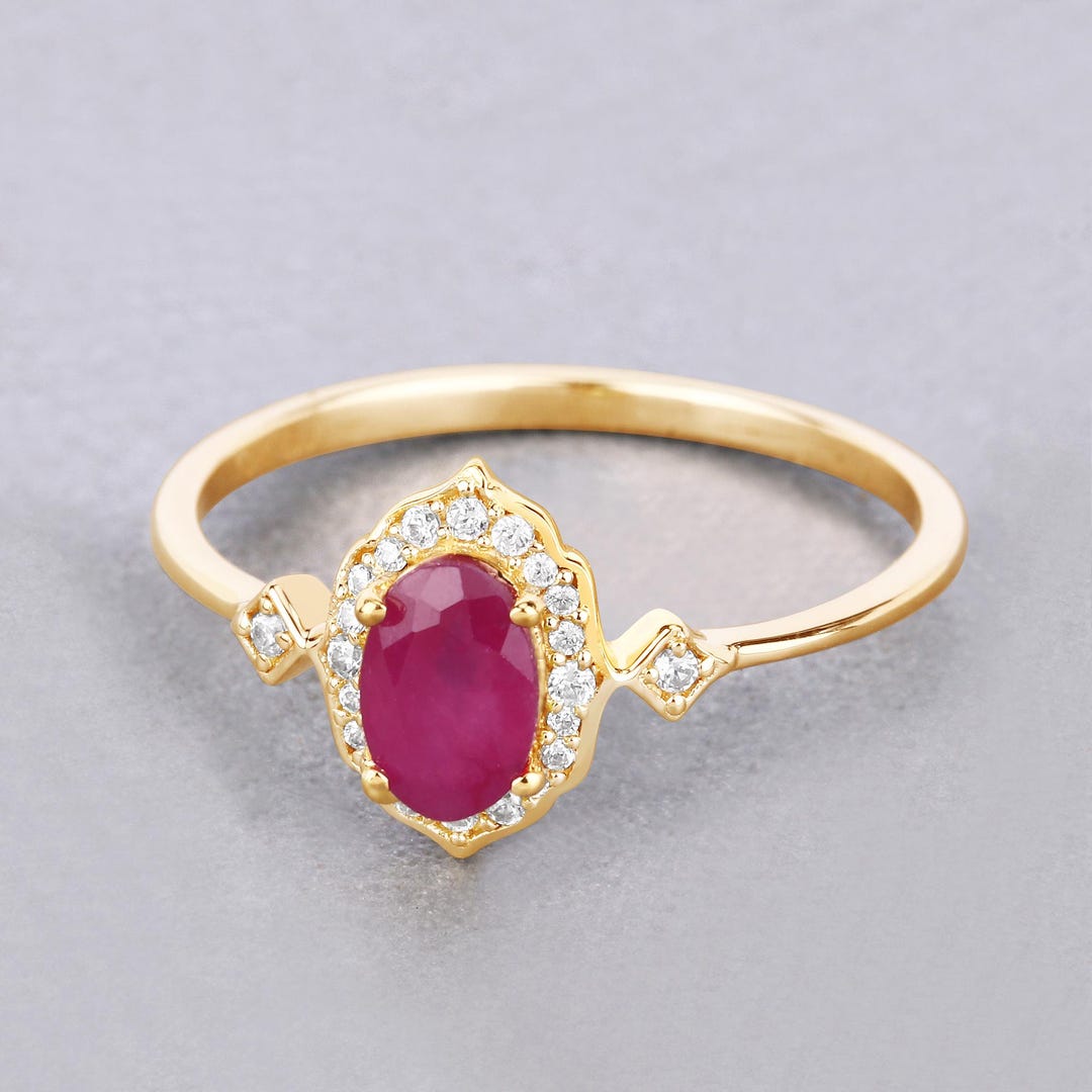 Ruby Ring, Natural Ruby Oval and Diamond 10K Yellow Gold Halo Ring ...