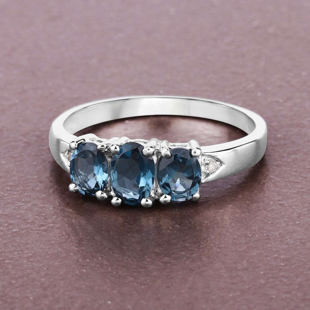 London Blue Topaz Ring, Classic Genuine 3-stone London Blue Topaz ...
