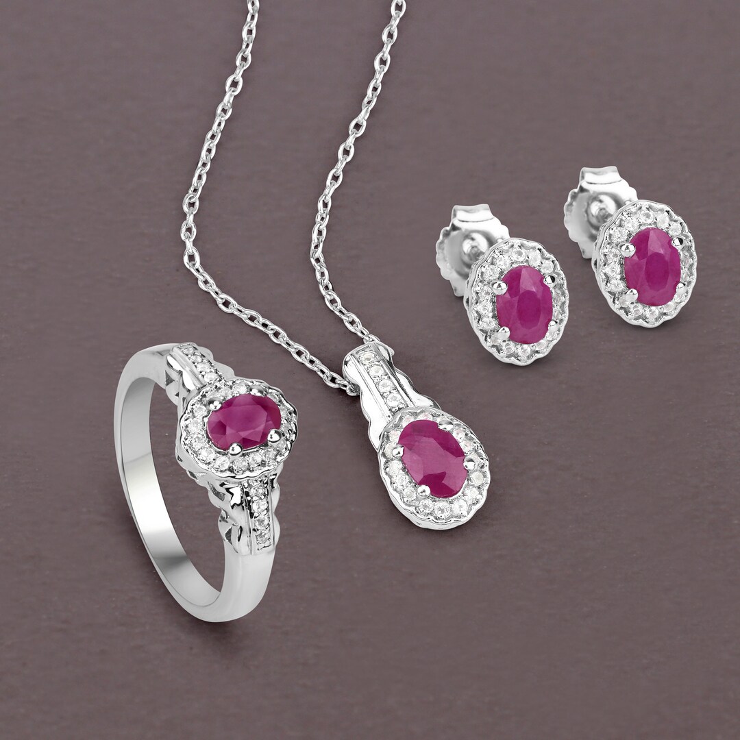 Ruby Jewelry Set, Genuine Ruby Oval & White Topaz Ring, Earring and ...