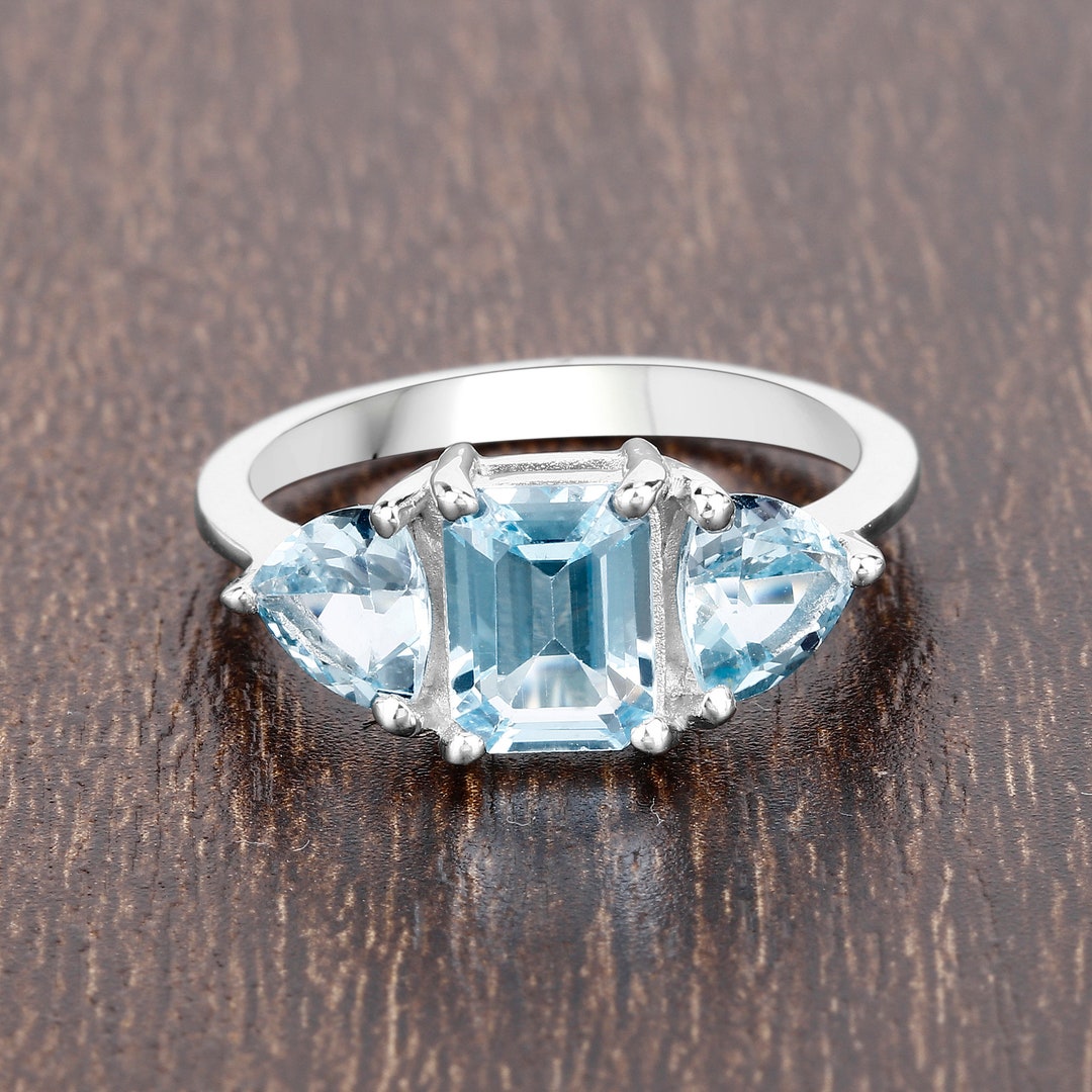 Blue Topaz Ring, Genuine Blue Topaz Octagon and Trillion 3-stone Ring ...