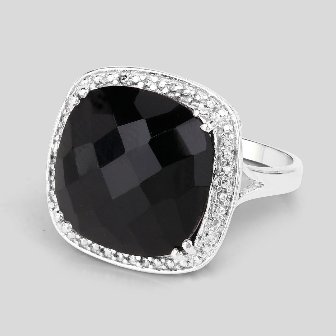 Black Onyx Silver Ring, Bold Black Onyx Square Cushion Halo Ring, 925 ...