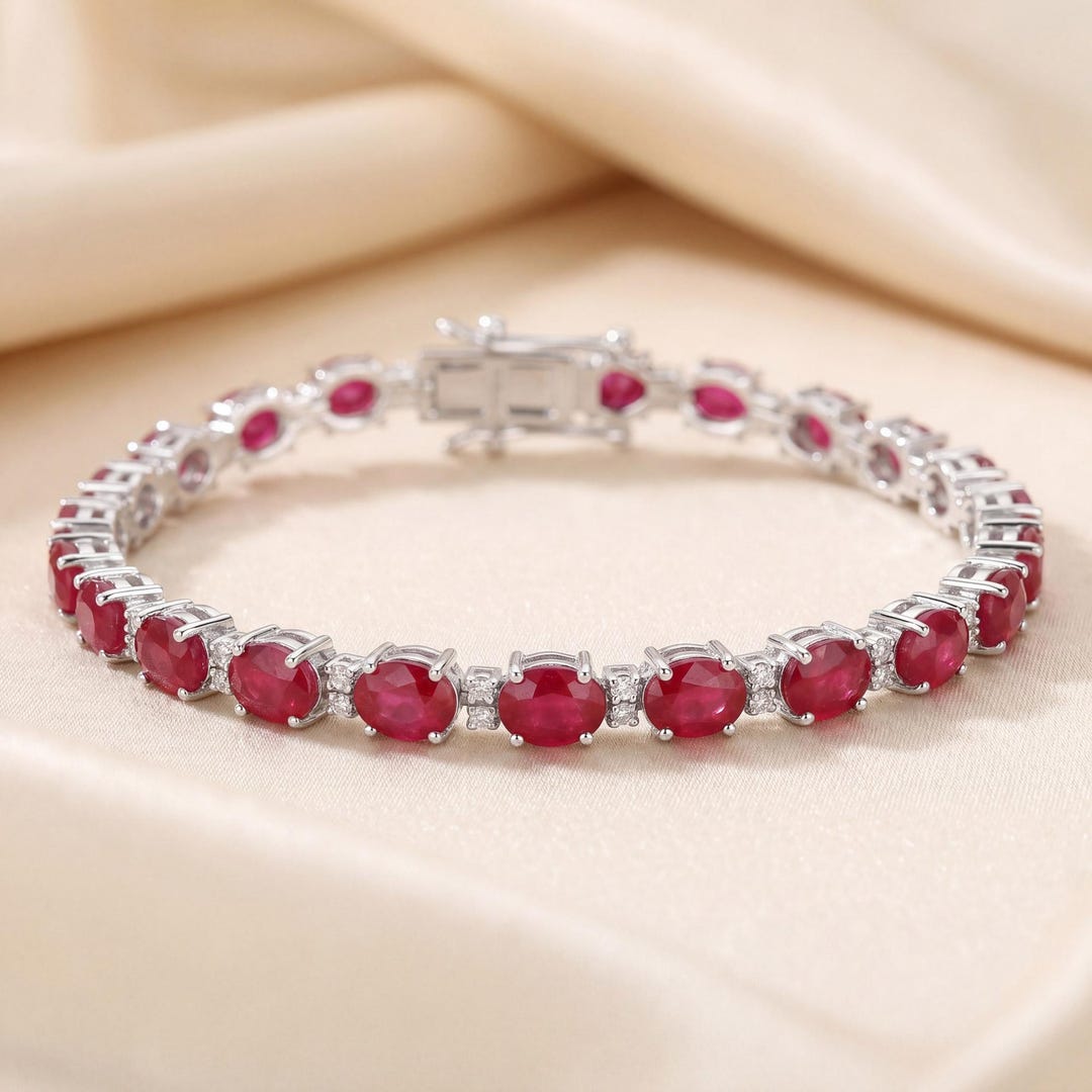 14k Gold Ruby Bracelet, Genuine Ruby and Diamond Tennis Bracelet for ...