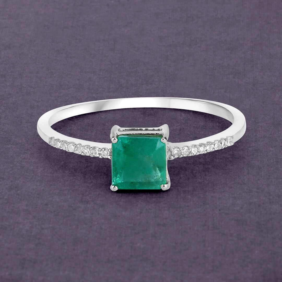 Emerald Ring, Emerald White Gold Ring, Emerald Bridge Ring, 14k Gold ...
