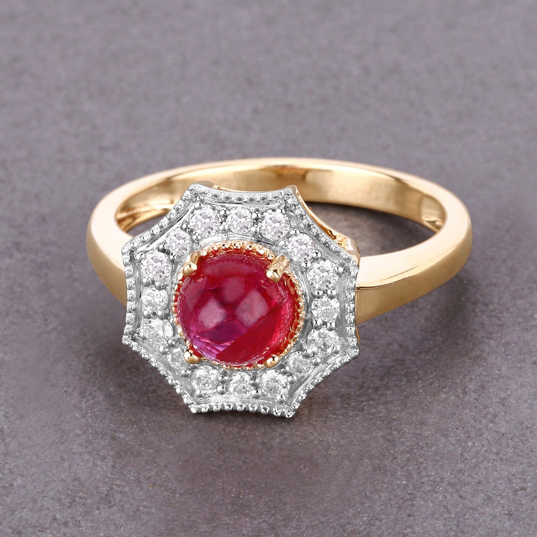 14K Gold Ruby Ring, Genuine Ruby and Diamond Yellow Gold Ring for Women ...