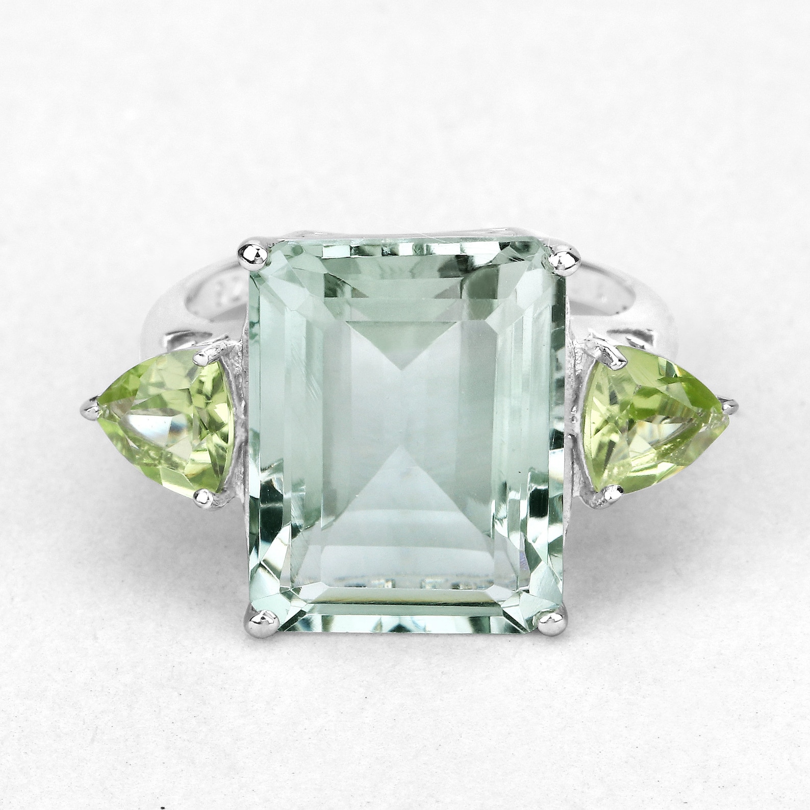 Prasiolite Ring, Natural Prasiolite and Peridot 3 Stone Ring ...