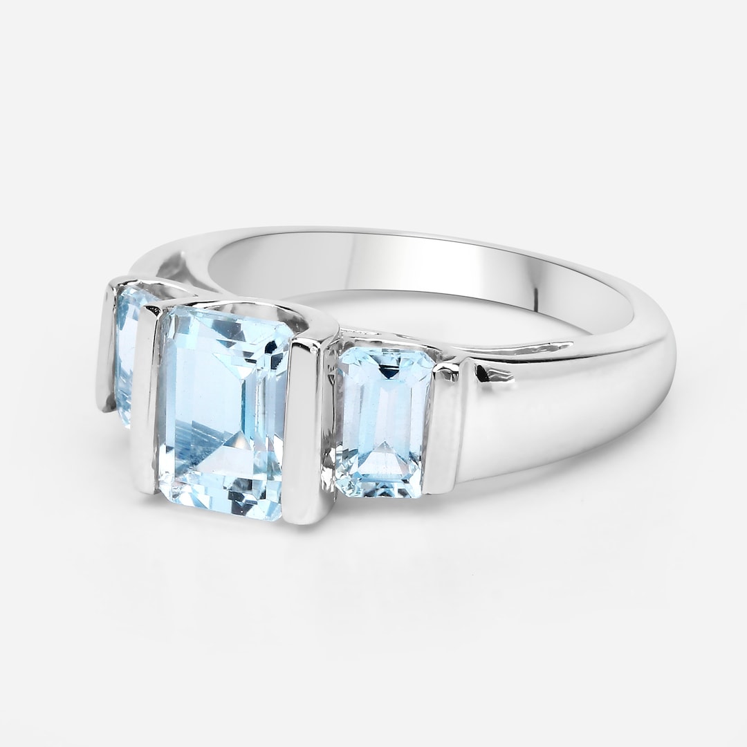 Real Blue Topaz Ring, 3 Stone Blue Topaz Ring, Sterling Silver Ring ...