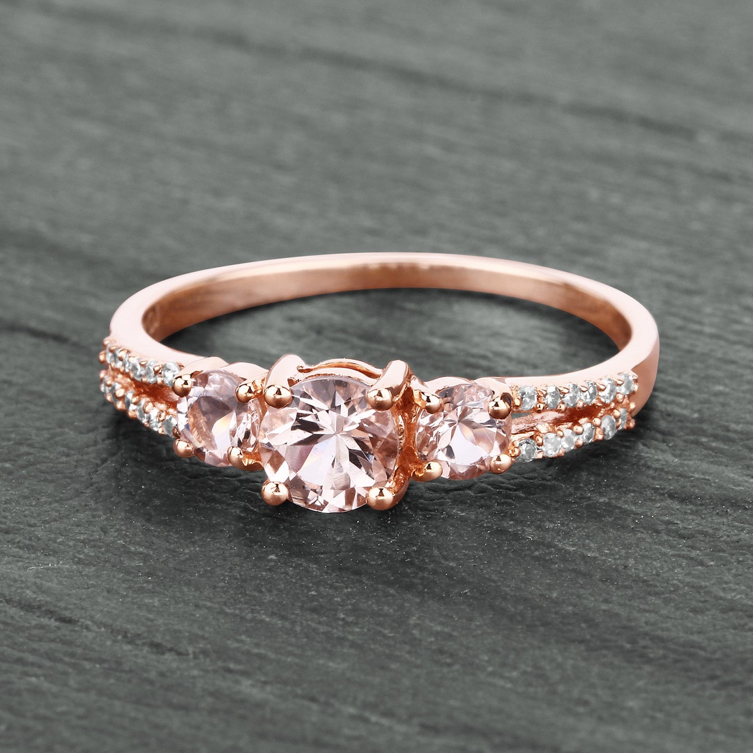14K Rose Gold Morganite Ring, Morganite 3 Stone Ring, Morganite ...