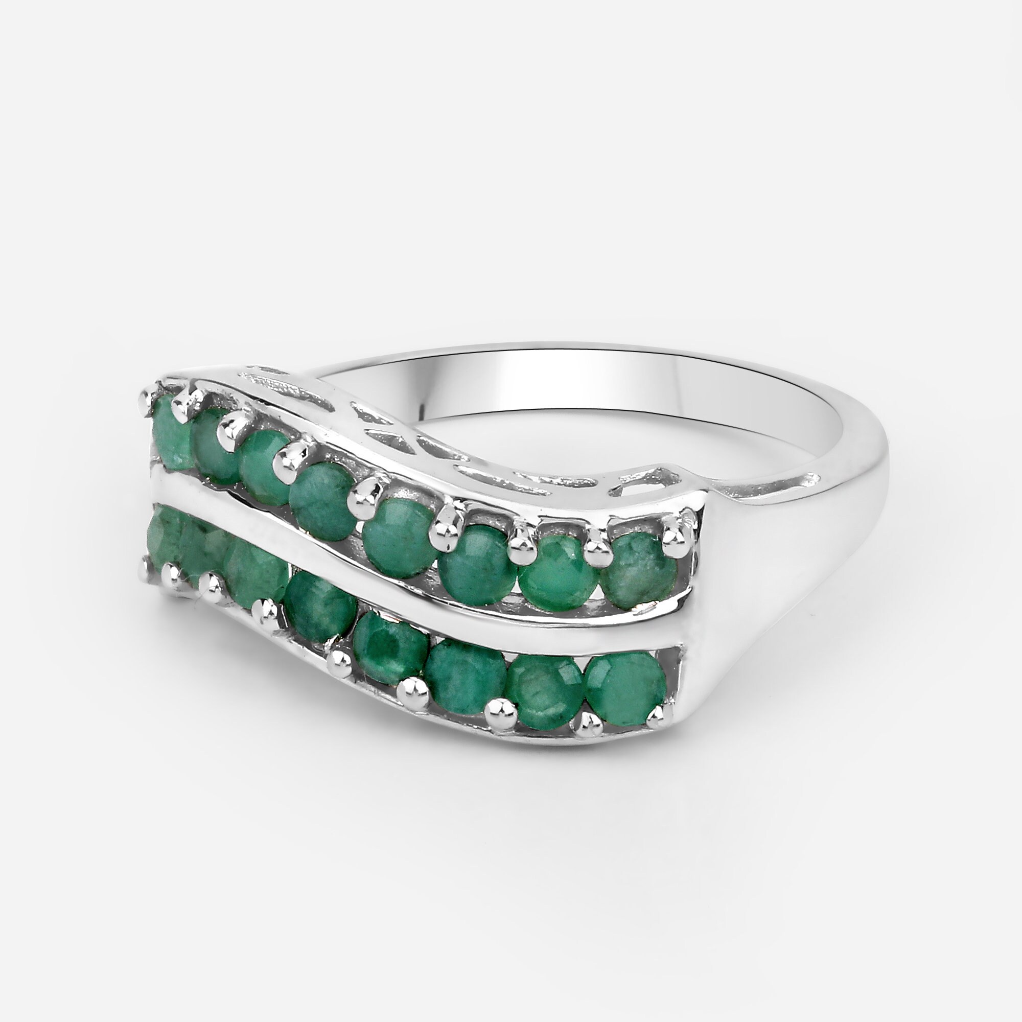 Emerald Silver Ring, Natural Emerald Gemstone Ring, Emerald Double Row ...