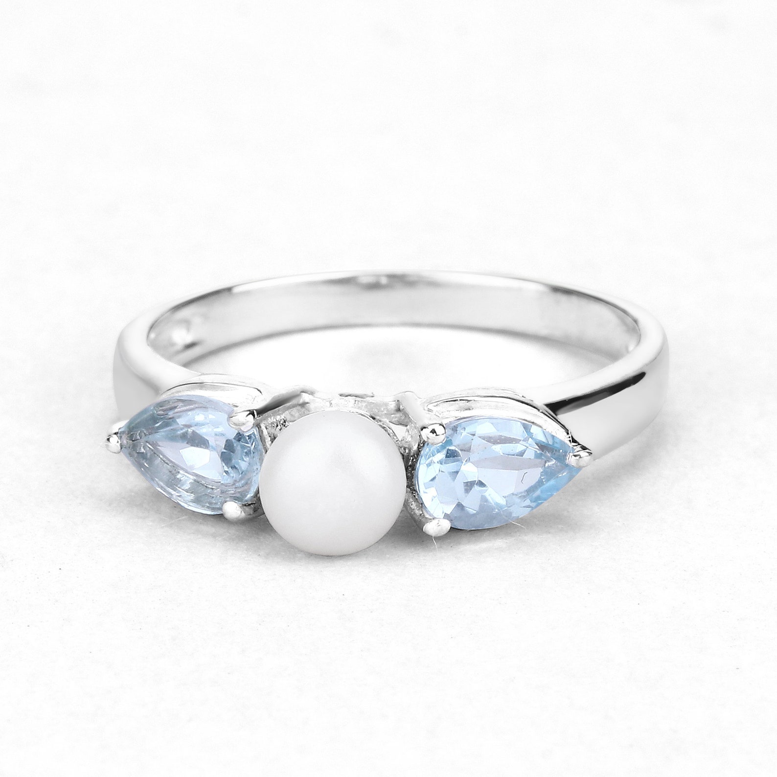 Pearl Ring Dainty White Pearl and Blue Topaz Silver Ring for - Etsy