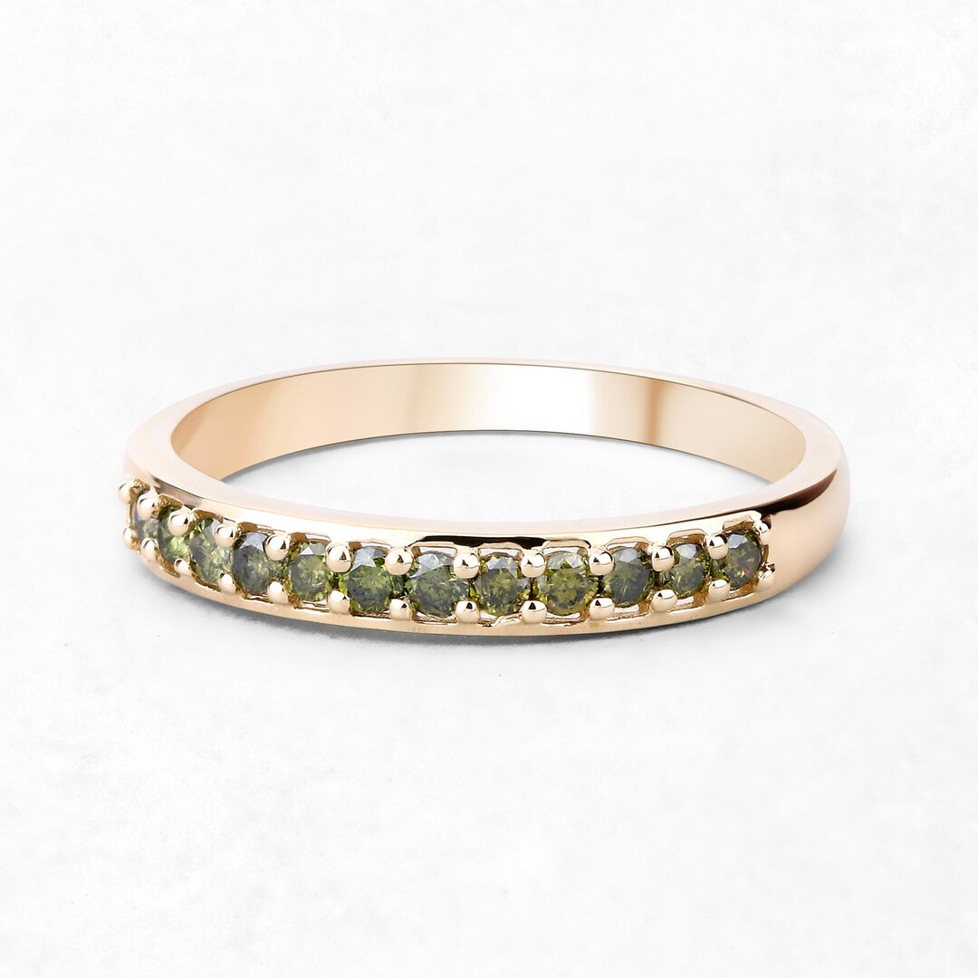 Gold Ring, 14k Gold Green Diamond Ring, 14k Gold Diamond Band, Stackable Diamond Engagement ...