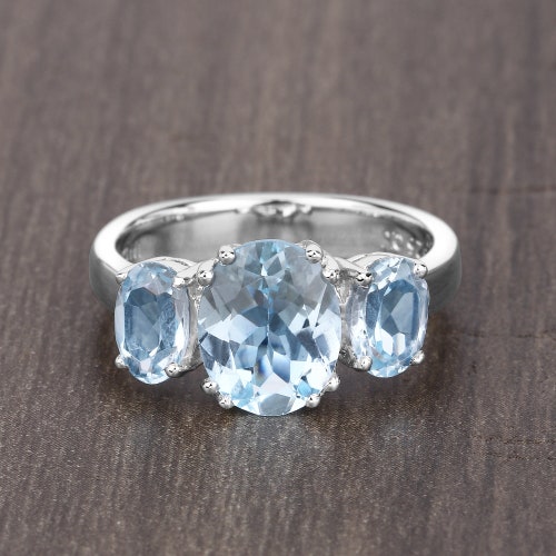 Real Blue Topaz Ring 3 Stone Blue Topaz Ring Sterling Silver - Etsy