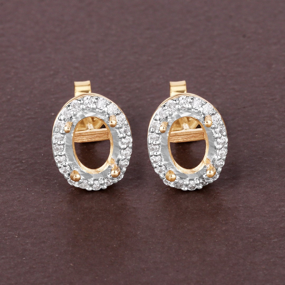 14k Gold Semi Mount Earring With Natural Diamonds, Customizable Gold ...