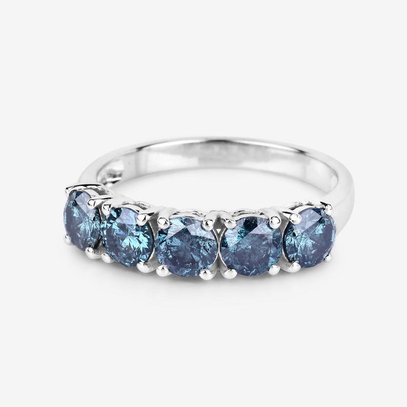 Blue Diamond Ring, 5 Stone Blue Diamond White Gold Ring, White Gold ...