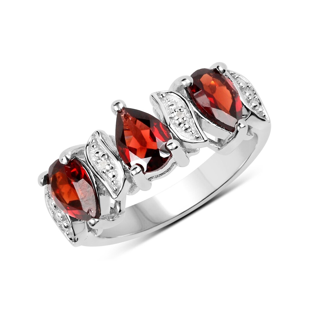 Garnet Ring, Natural Garnet 3-stone Sterling Silver Ring, Red Garnet ...