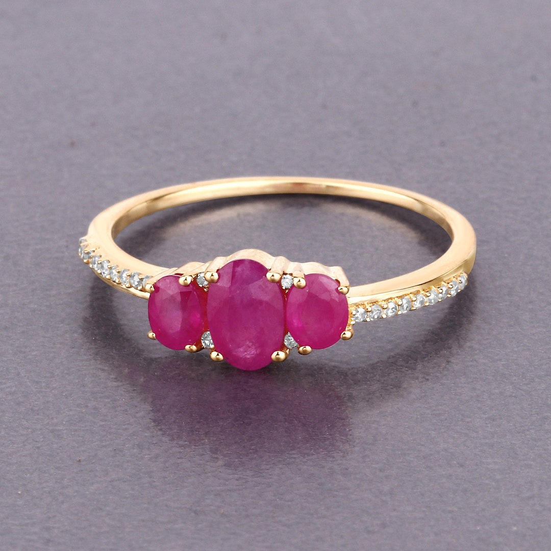 14K Gold Ruby Ring, Natural 3-stone Ruby Yellow Gold Ring for Women ...