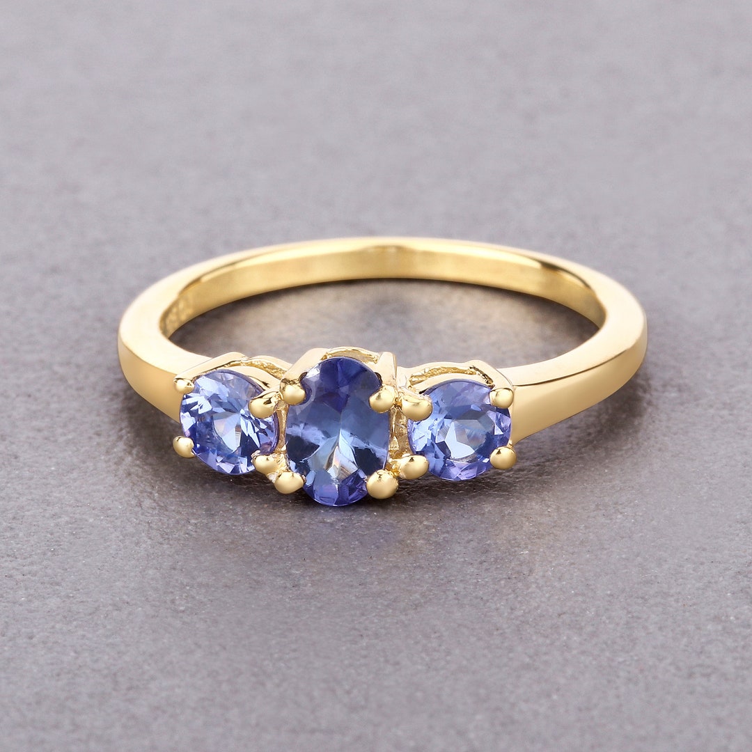 Tanzanite Ring, Natural 3-stone Tanzanite Sterling Silver Ring With 18K ...