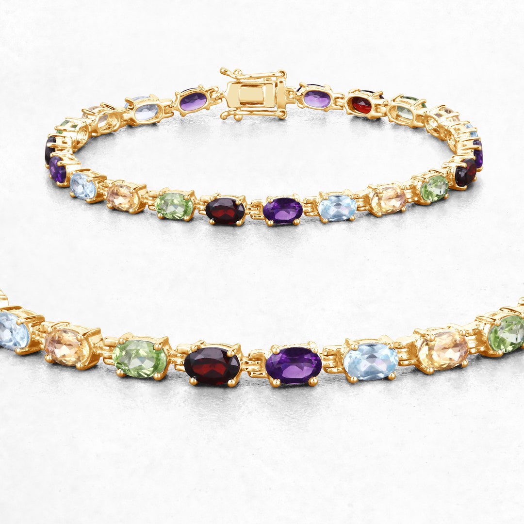 Multi Stone Bracelet, Natural Multi Stone Oval Tennis Gold Plated ...