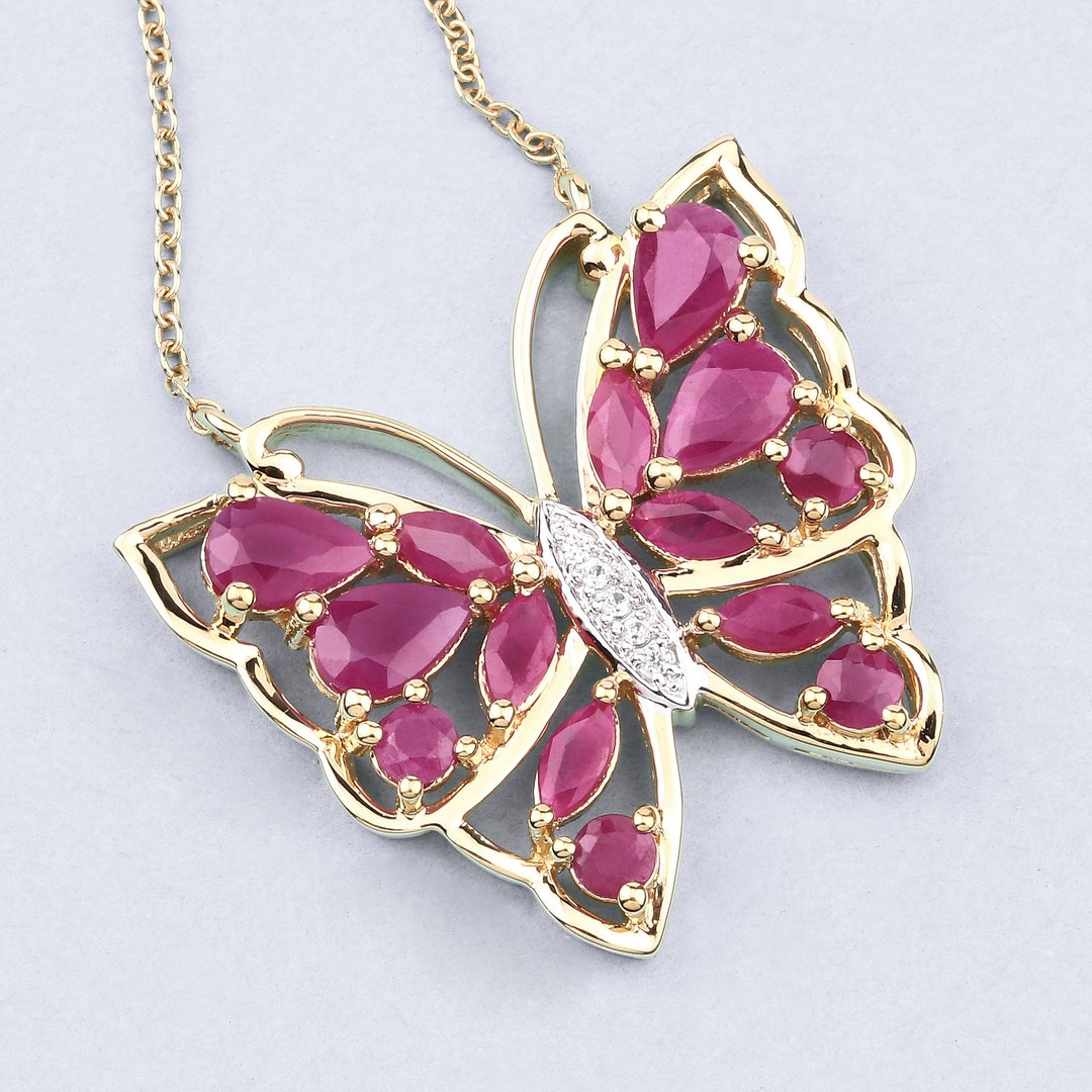 Ruby Pendant, Genuine Ruby 14K Yellow Gold Sterling Silver Butterfly ...