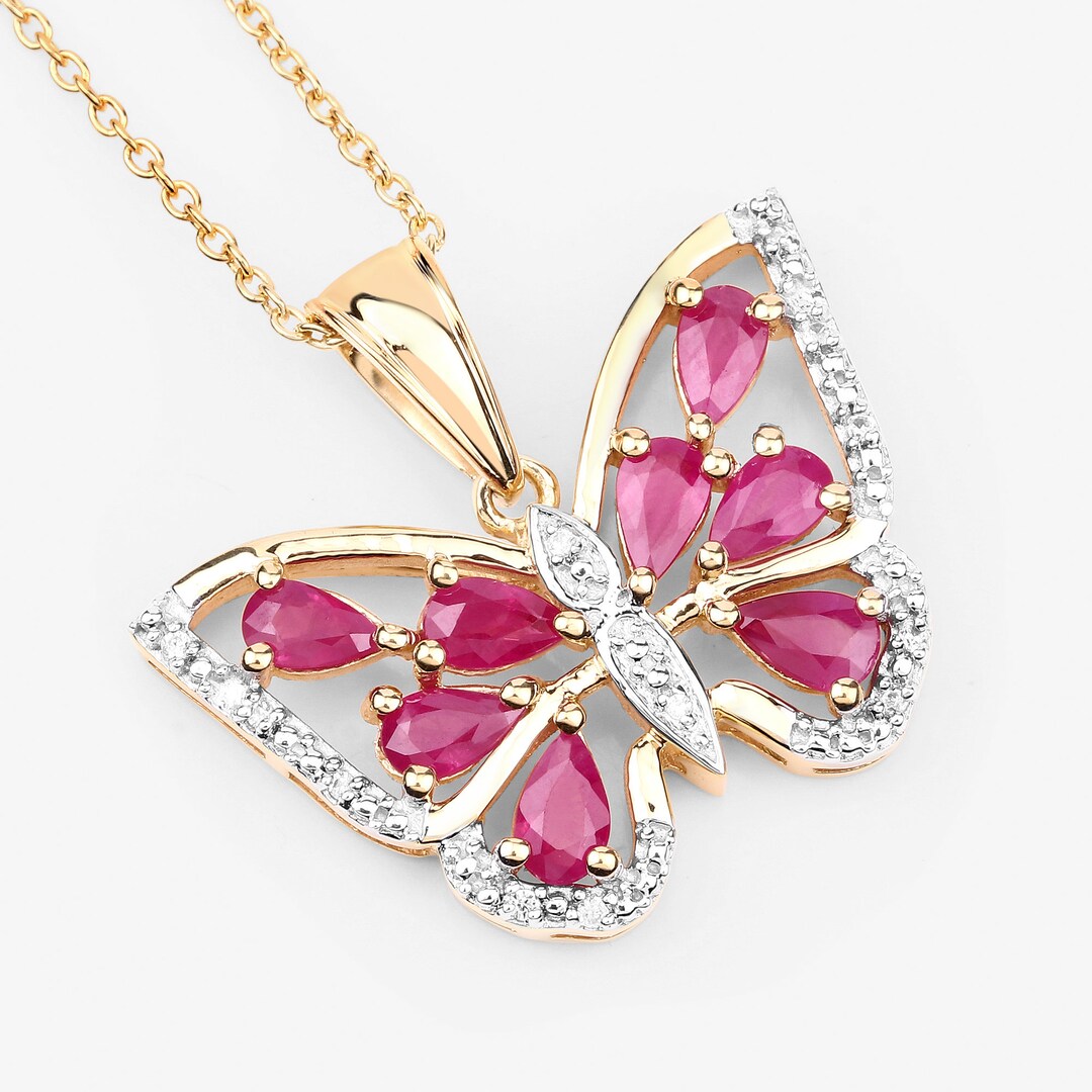 Ruby Pendant, Genuine Ruby 14K Yellow Gold Sterling Silver Butterfly ...