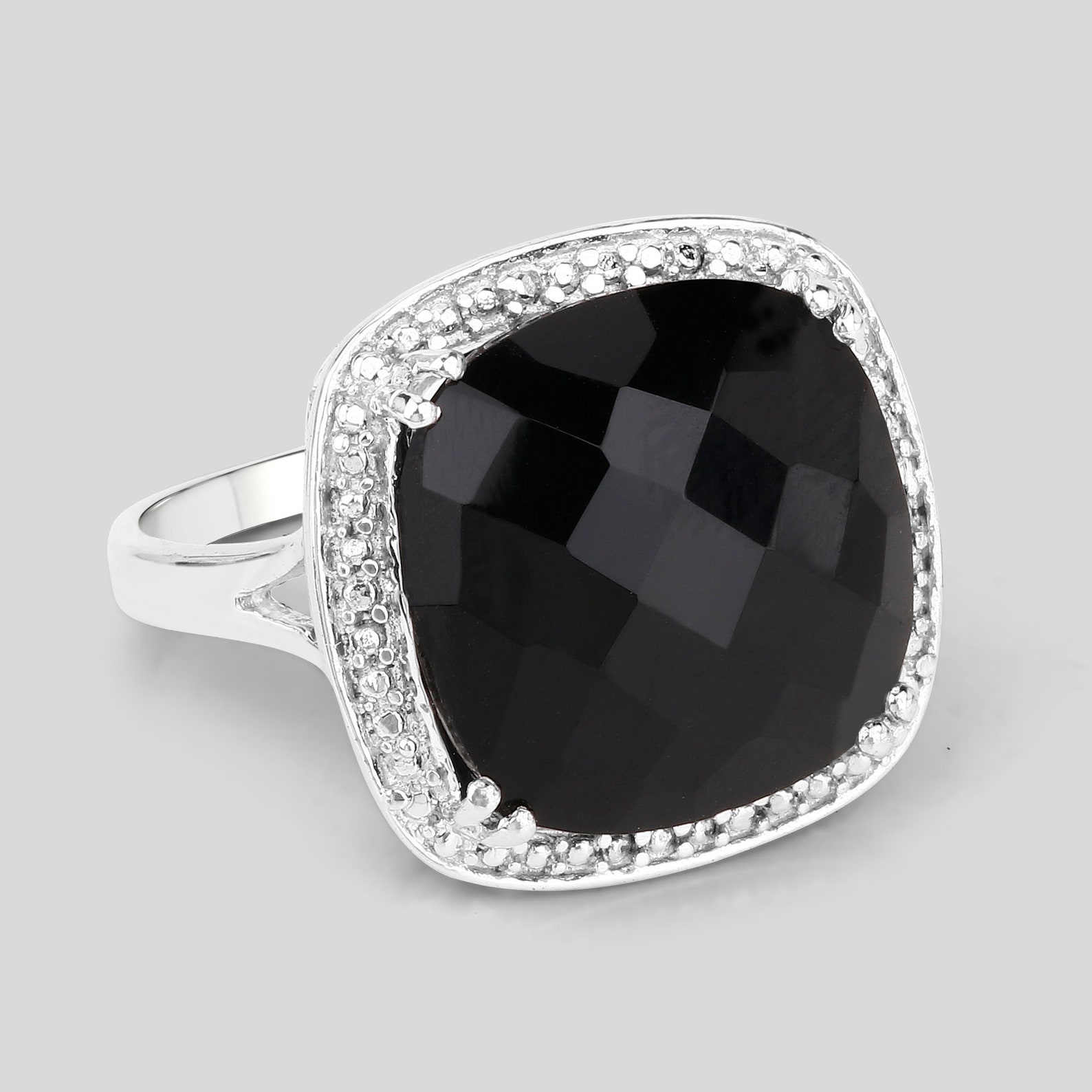 Black Onyx Silver Ring, Bold Black Onyx Square Cushion Halo Ring, 925 ...