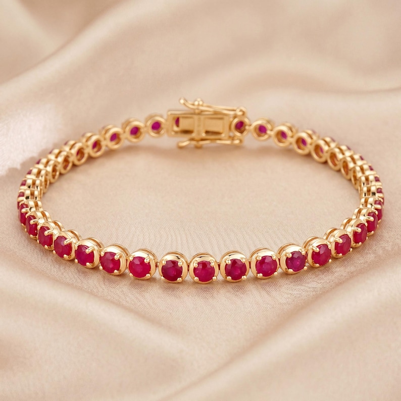 14k Gold Ruby Bracelet, Genuine Ruby Rounds Yellow Gold Bracelet for ...