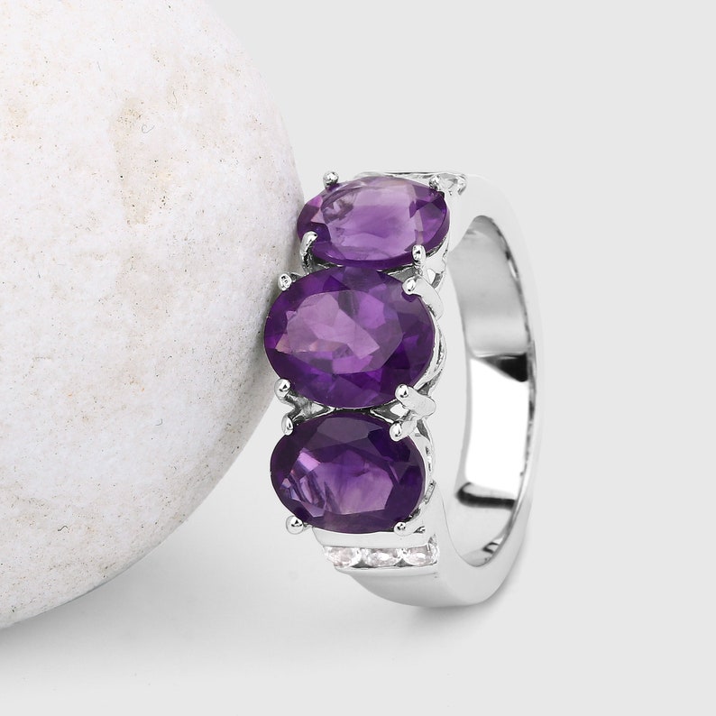 Amethyst Ring / 3-stone Amethyst Silver Ring / Natural - Etsy