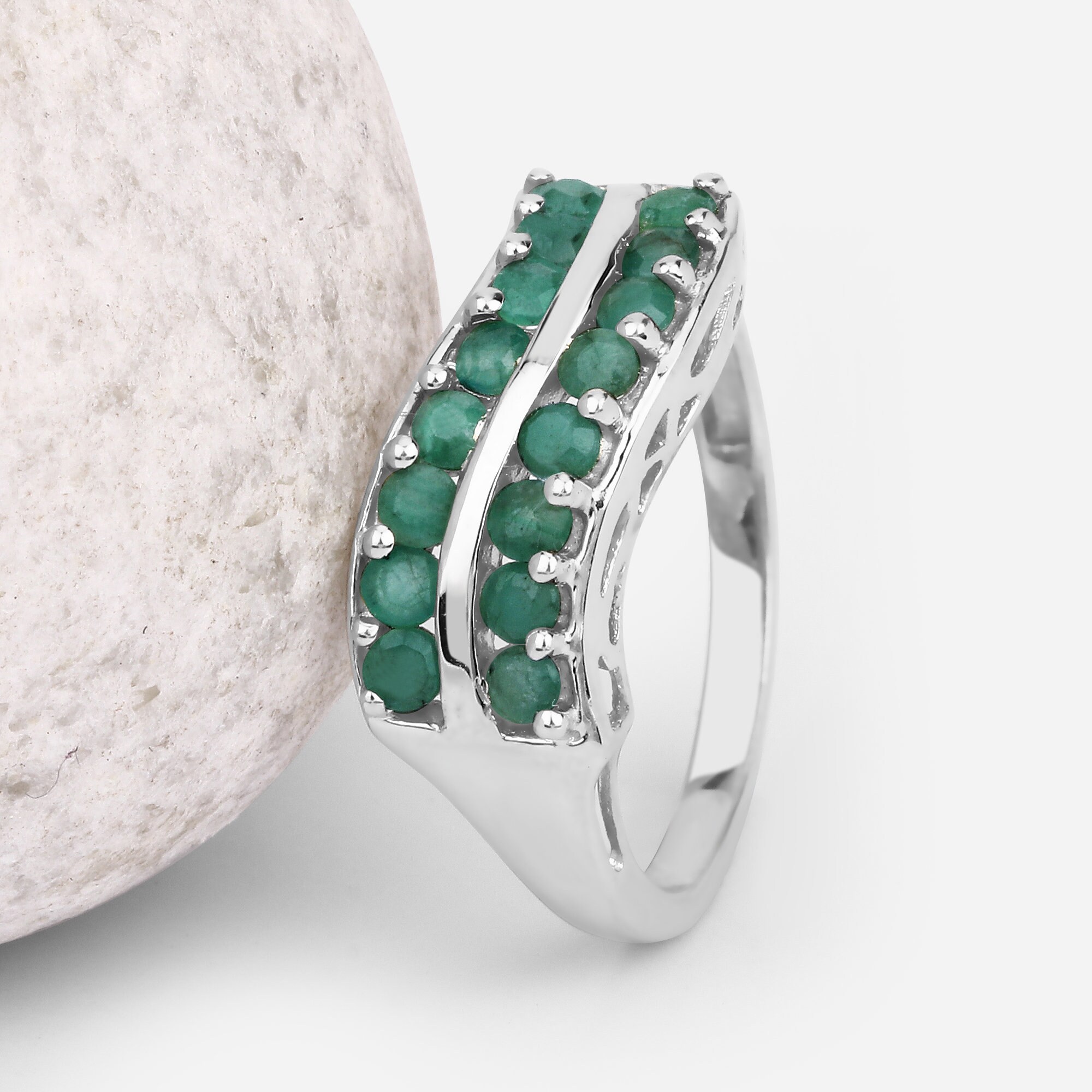 Emerald Silver Ring, Natural Emerald Gemstone Ring, Emerald Double Row ...