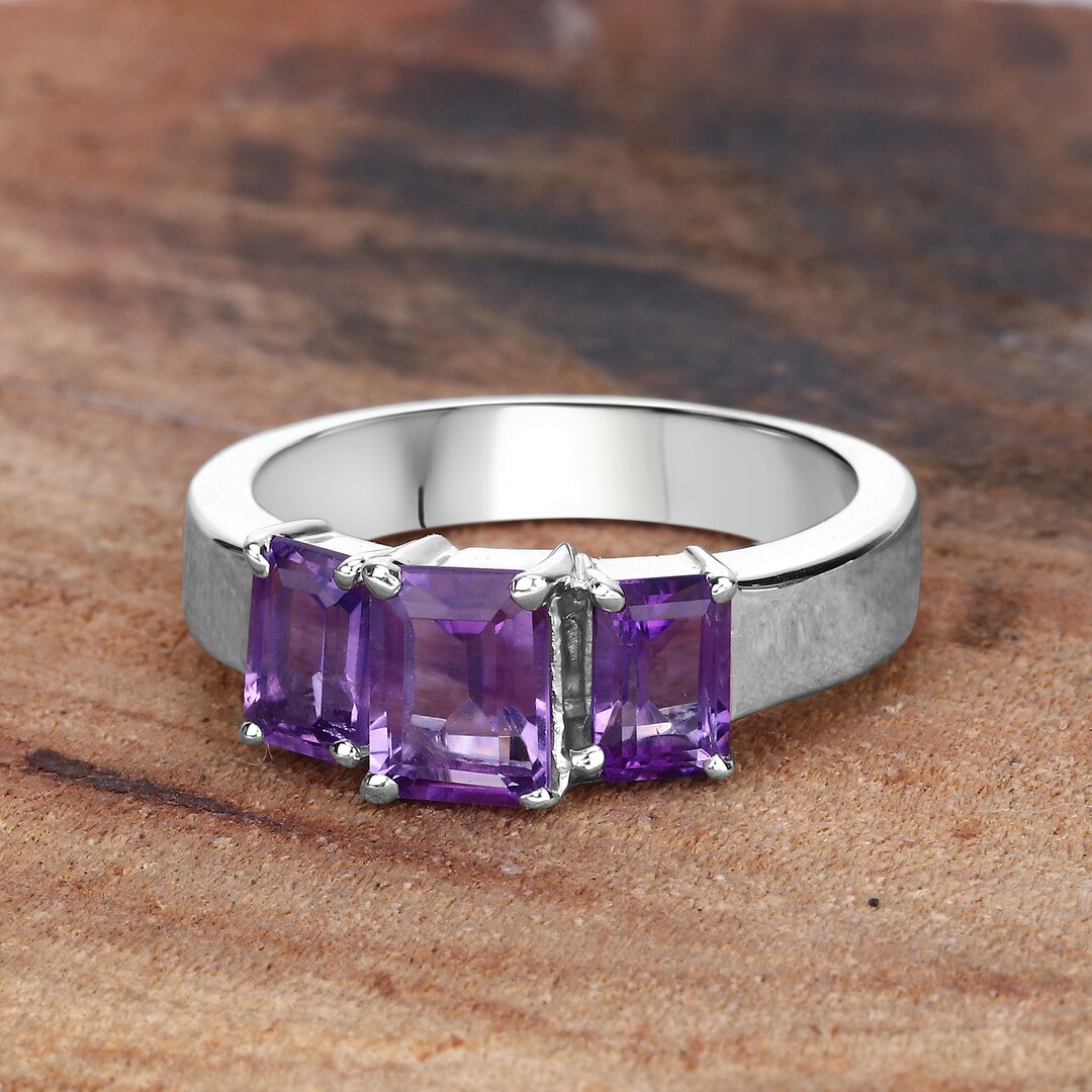 Amethyst Ring, 3 Stone Amethyst Silver Ring, Natural Amethyst Ring for ...