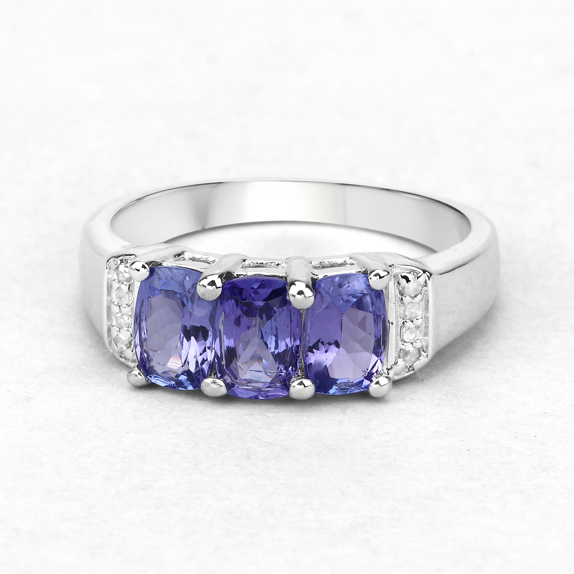 Tanzanite Ring Real 3 Stone Tanzanite and Diamond Sterling Silver Ring Tanzanite Cushion Silver Ring Bridesmaid Gift December Birthstone