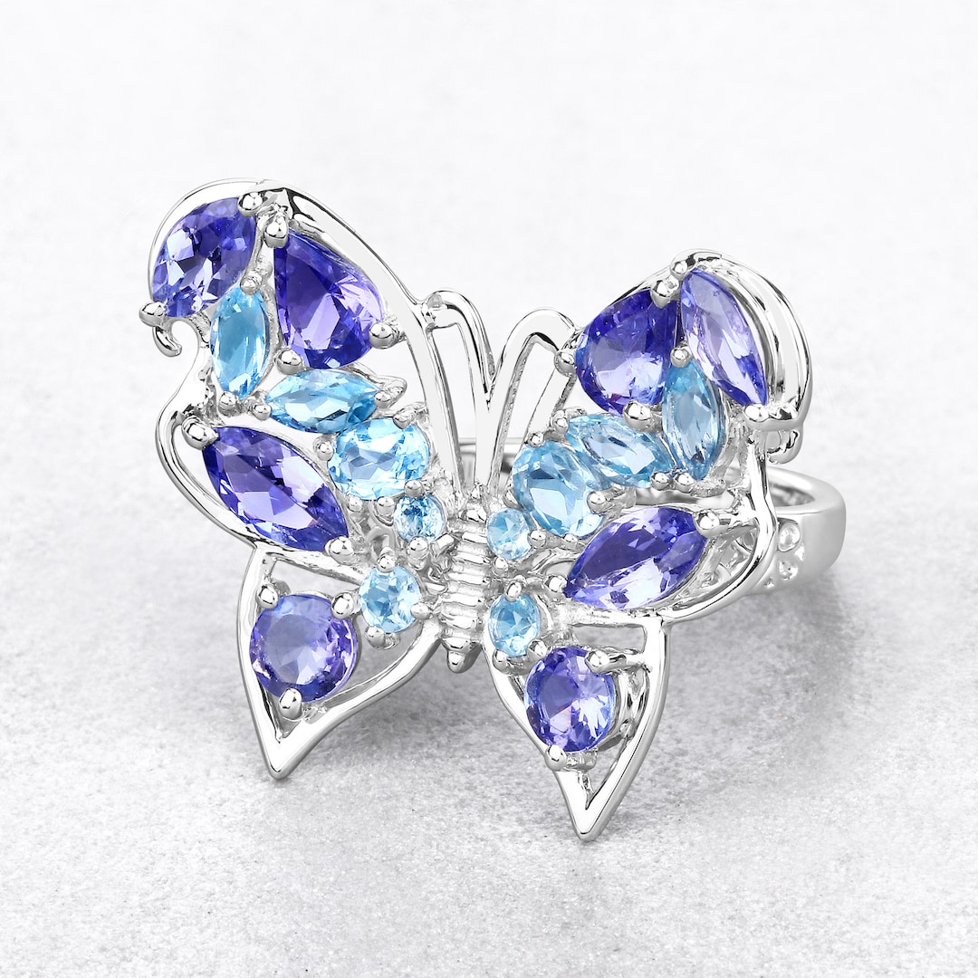 Tanzanite and Swiss Blue Topaz Ring, Genuine Sterling Silver Butterfly ...