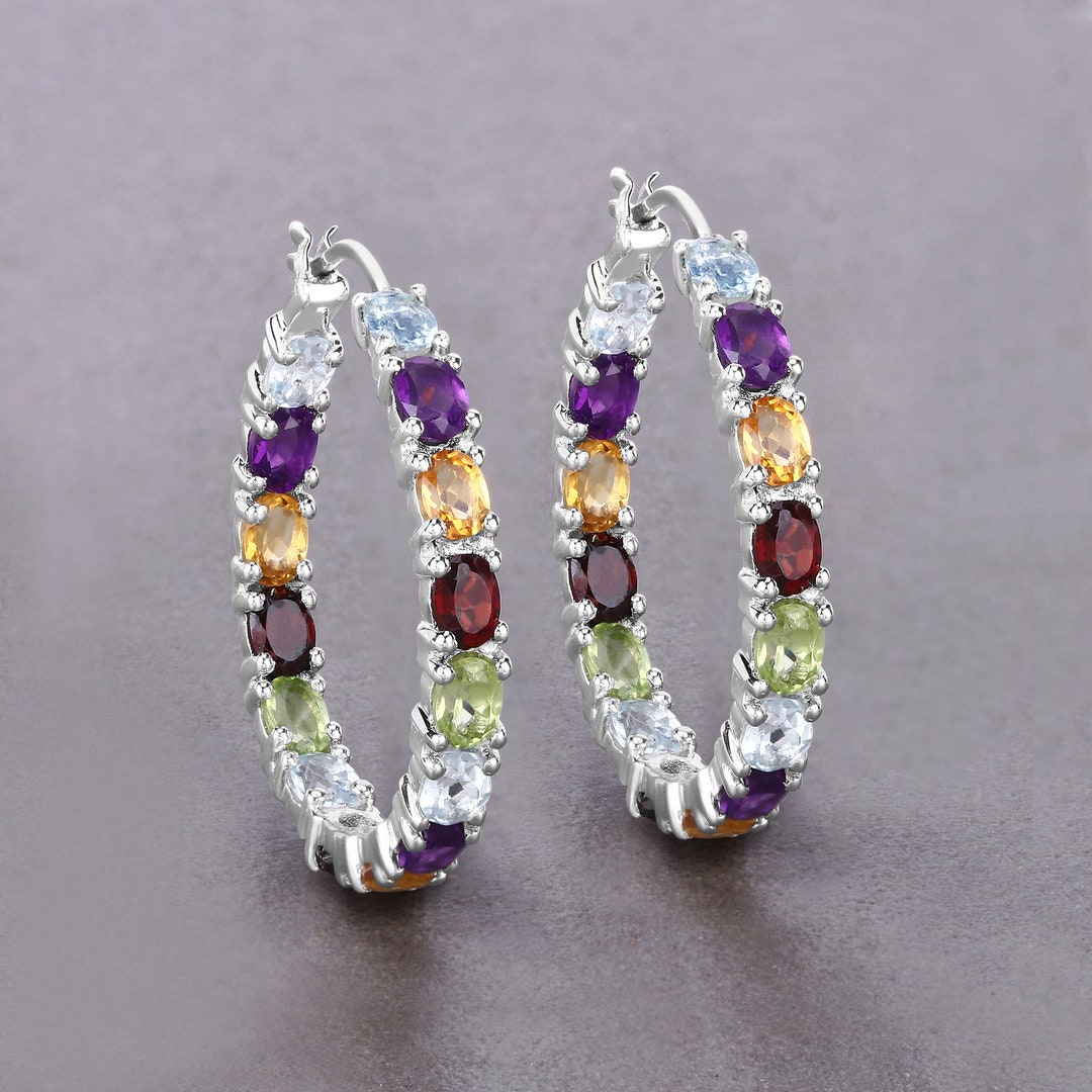 Multi Stones Earrings, Genuine Multi Stones Hoop Silver Earrings for ...