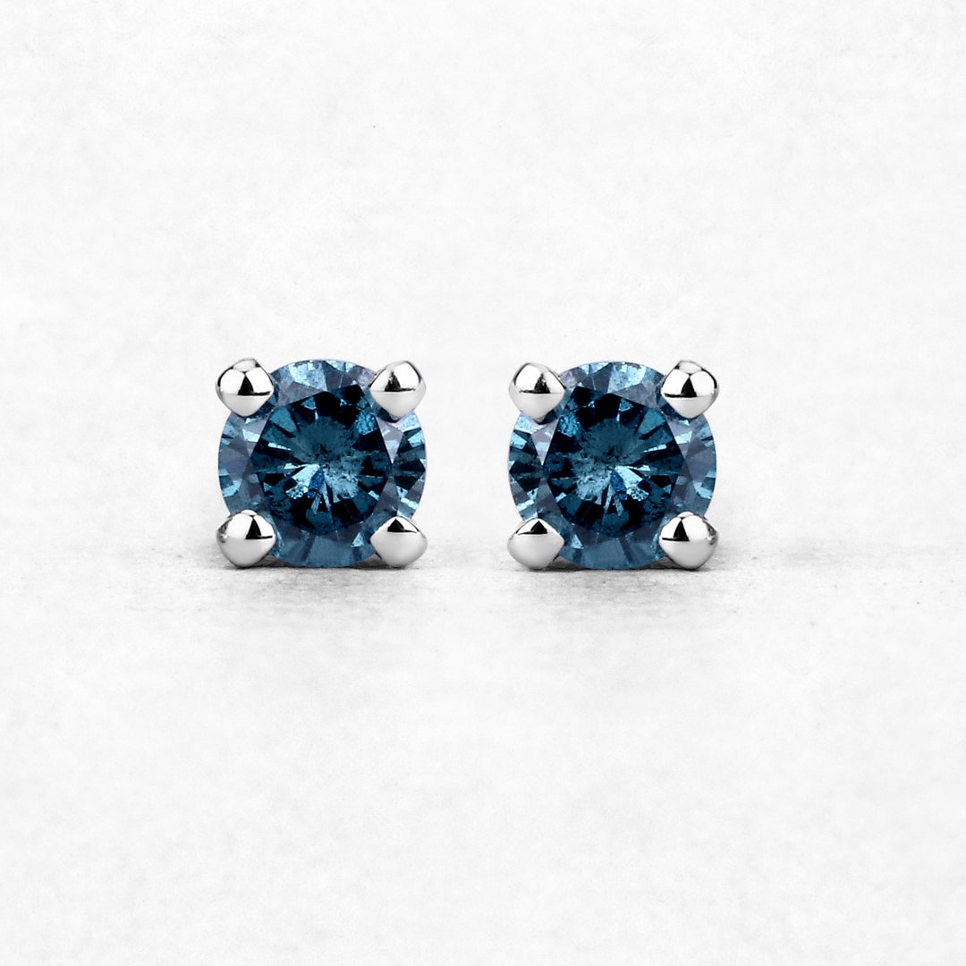 Blue Diamond Earrings 14k Solid White Gold Round-cut Blue - Etsy