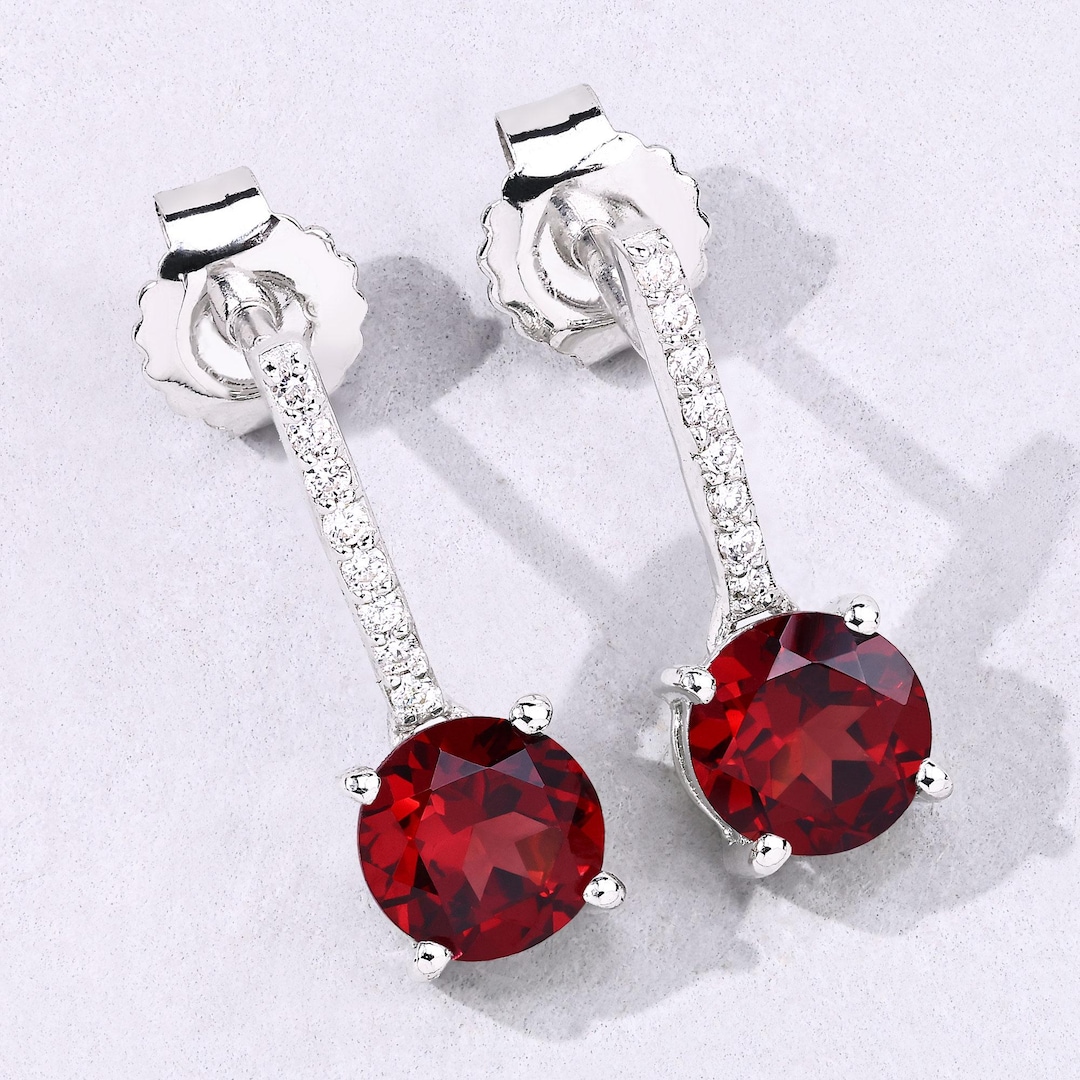 Natural Garnet With Lab Grown Diamond Earrings, Garnet Silver Dangle ...
